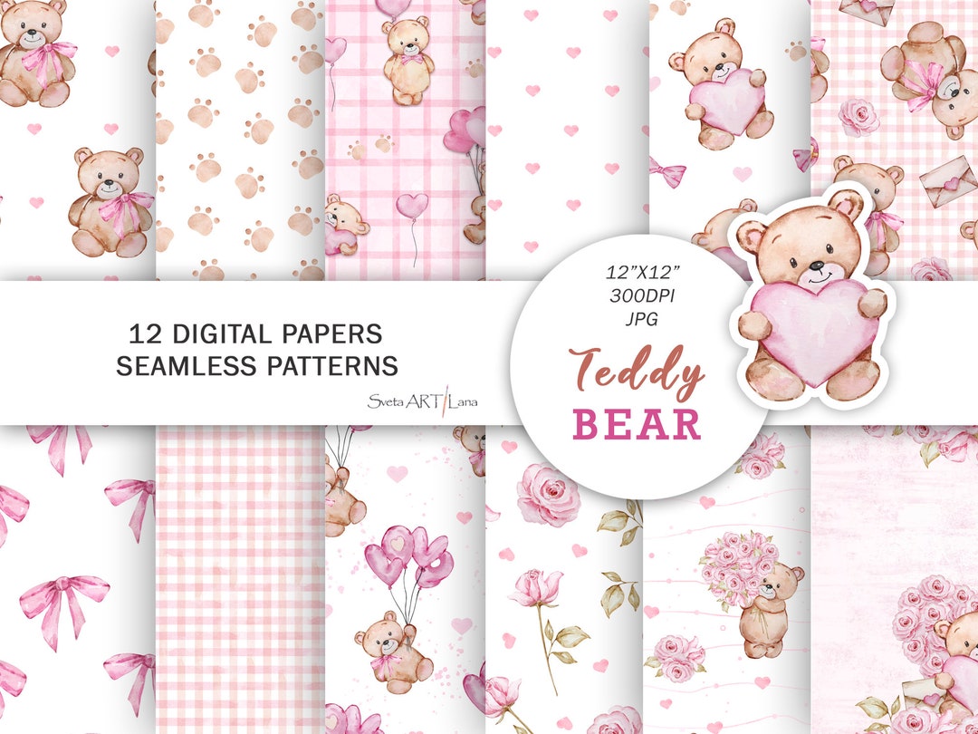 Teddy Bear Digital Papers | Watercolor Valentines Teddy Bear Seamless ...