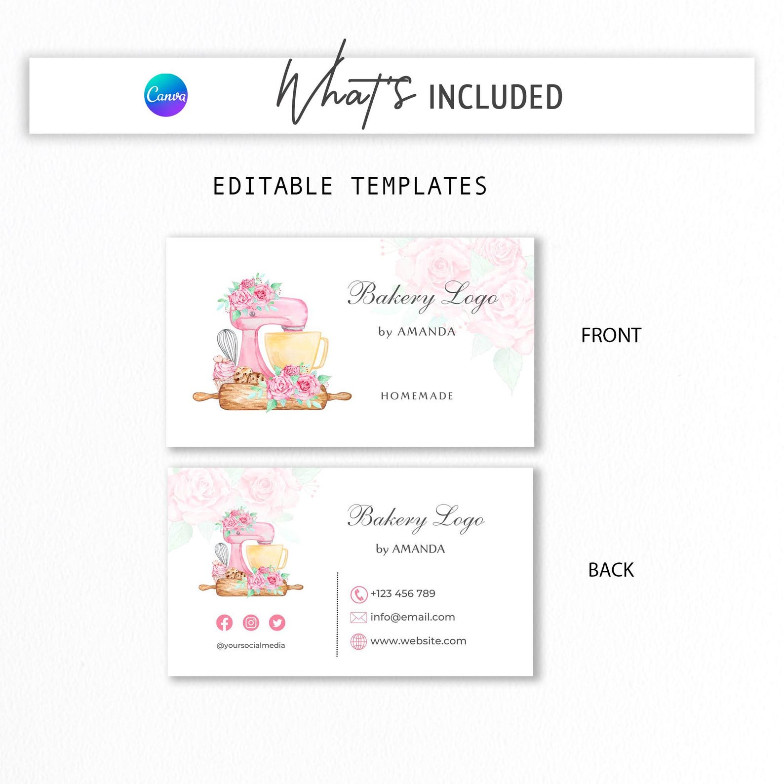 Bakery Business Card Template | Watercolor Pink Mixer Business Card ...