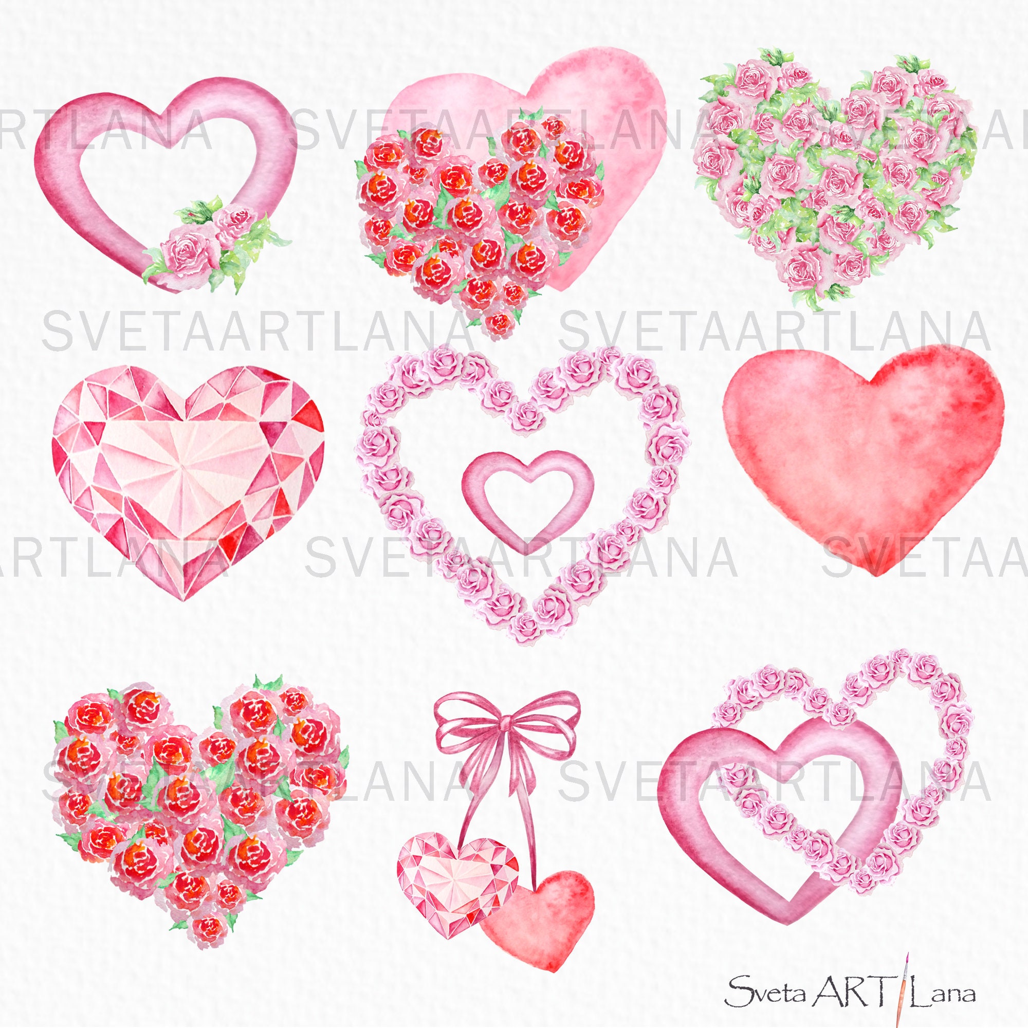 Watercolor Heart Valentines Clipart Flowers Clipart Diamond - Etsy