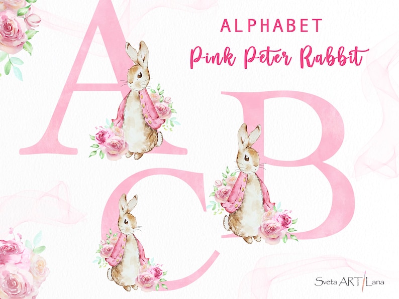Flopsy Rabbit Pink Floral Alphabet Clipart Watercolor - Etsy