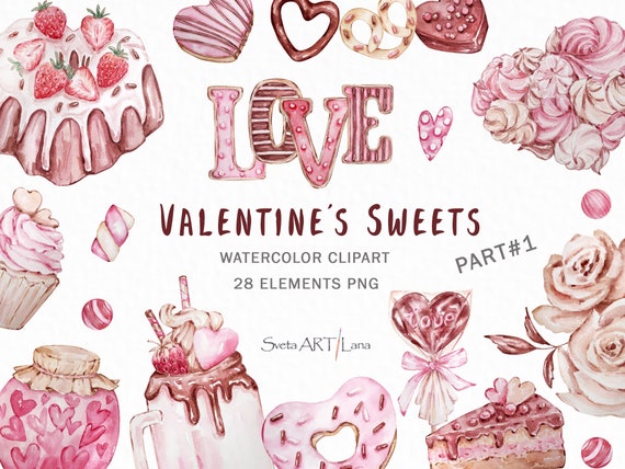 Valentine's Day Watercolor Clipart Valentines Sweets - Etsy
