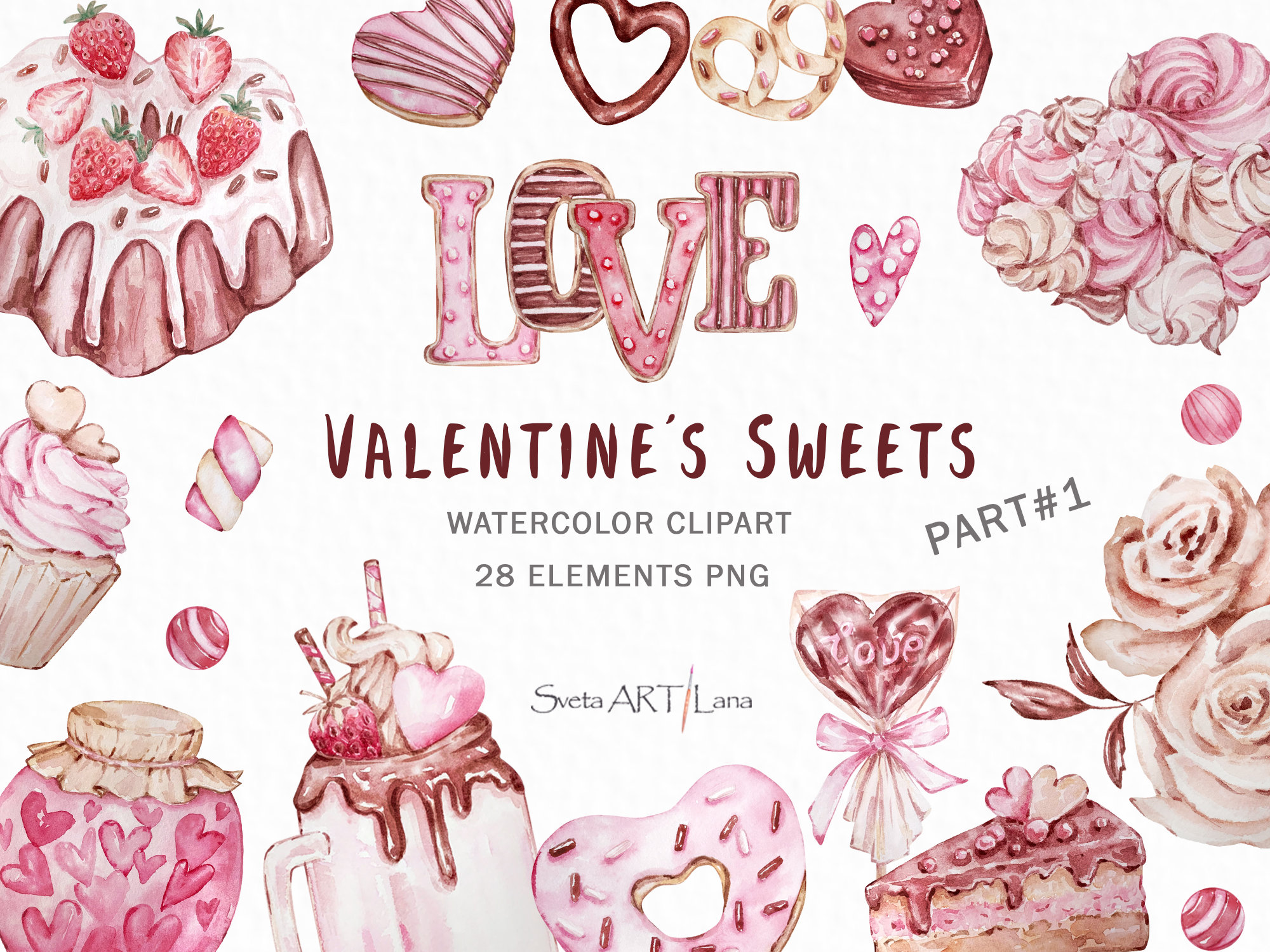 Valentines Day Watercolor Clipart | Valentines Sweets Treats | Pink ...