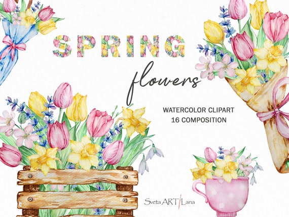 Watercolor Spring Flowers Clipart Bouquet Flowers Watering | Etsy