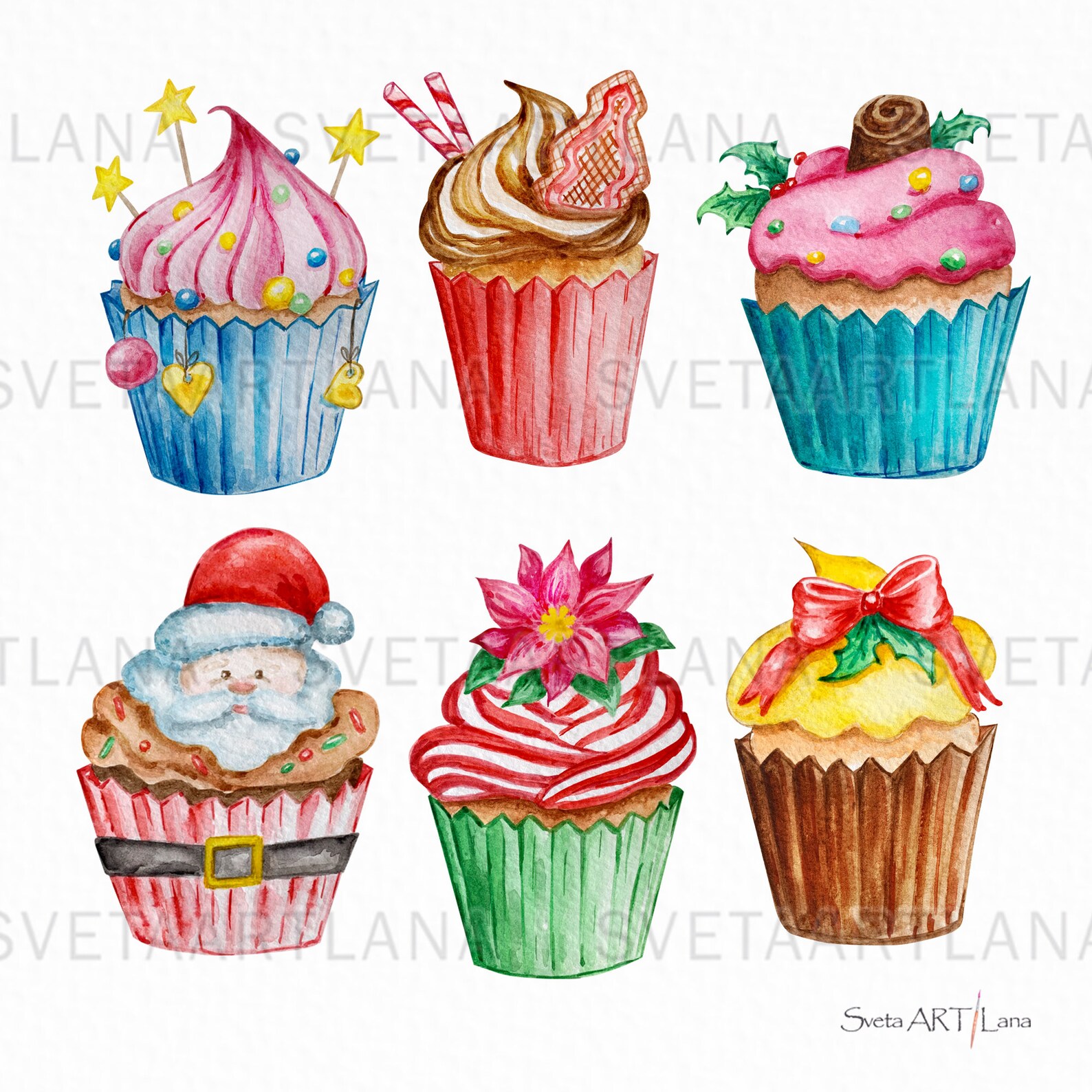 Watercolor Christmas Sweet Clipart Christmas Dessert Cupcake - Etsy