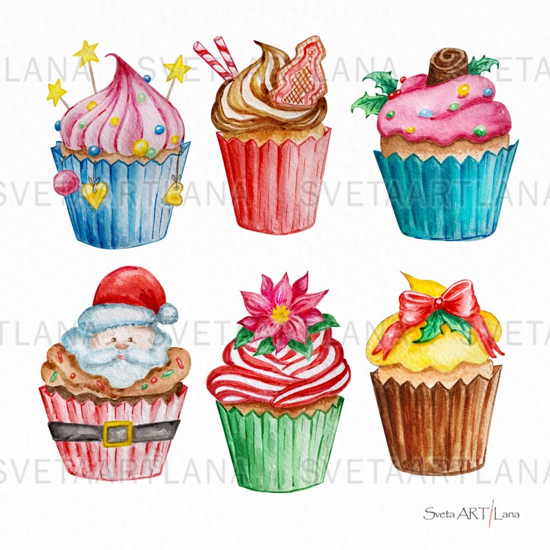 Watercolor Christmas Sweet Clipart | Christmas Dessert Cupcakes Clipart ...