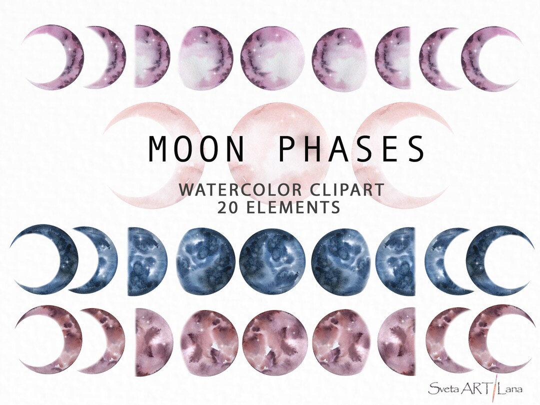 Watercolor Moon Phases Clipart | Lunare Magic Set | Watercolor Galaxy ...