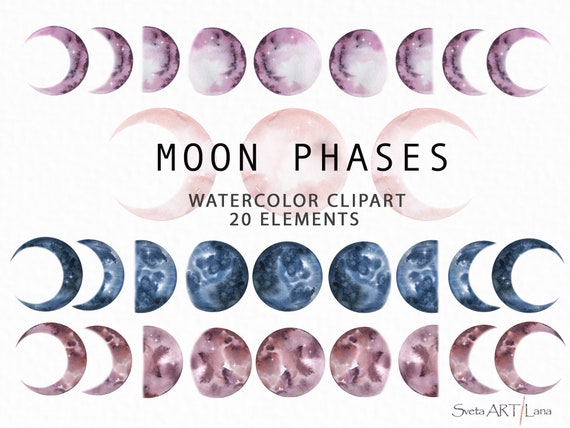 Watercolor Moon Phases Clipart Lunare Graphic Set Watercolor | Etsy