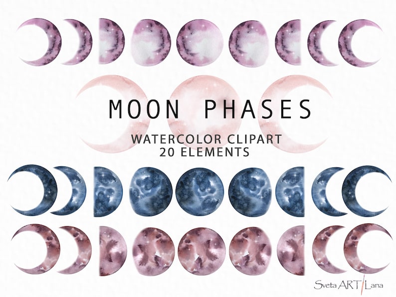Watercolor Moon Phases Clipart Lunare Graphic Set Watercolor | Etsy