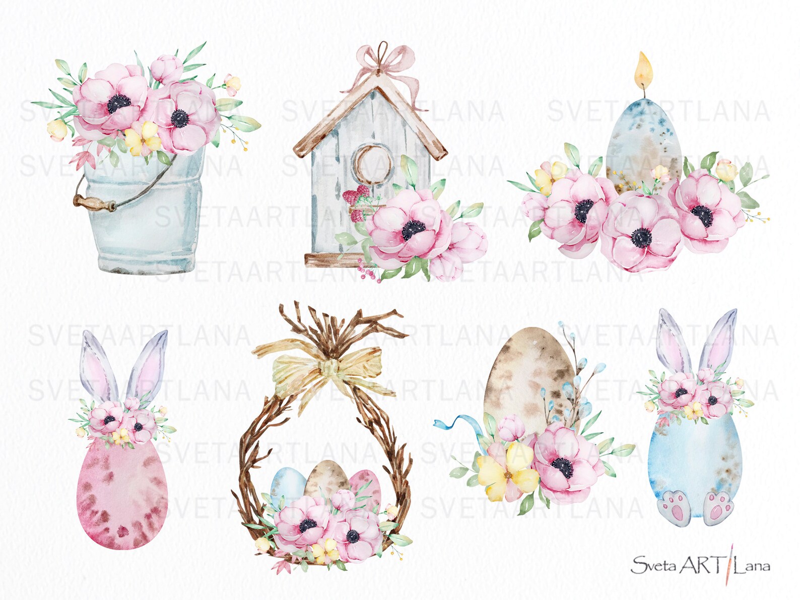 Easter Watercolor Clipart Bunny Composition Cute Flower | Etsy