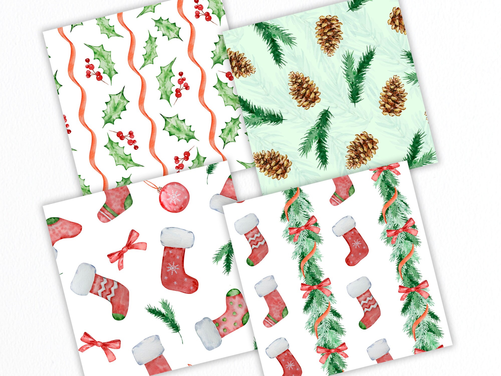 Christmas Stocking Digital Papers | Watercolor Holly Christmas | Winter ...