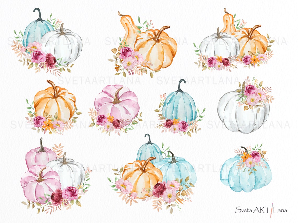 Watercolor Pumpkin Clipart Autumn Pastel Pumpkins Floral - Etsy