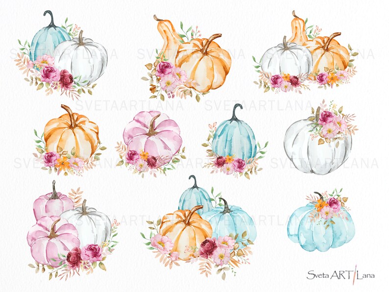Watercolor Pumpkin Clipart Autumn Pastel Pumpkins Floral - Etsy