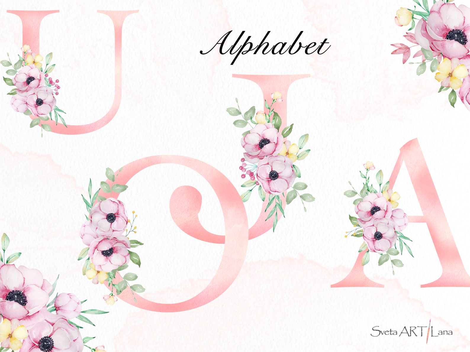 Watercolor Pink Alphabet Clipart Flowers Lettter Boho - Etsy