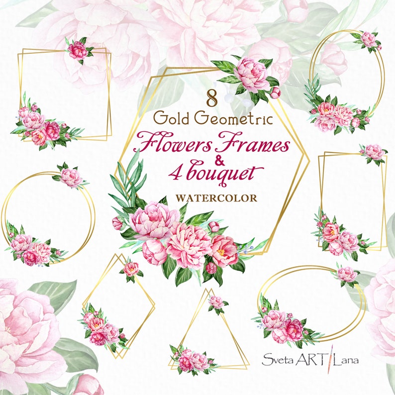 Watercolor Peony Flowers Clipart | Gold Geometric Frames | Peonies ...