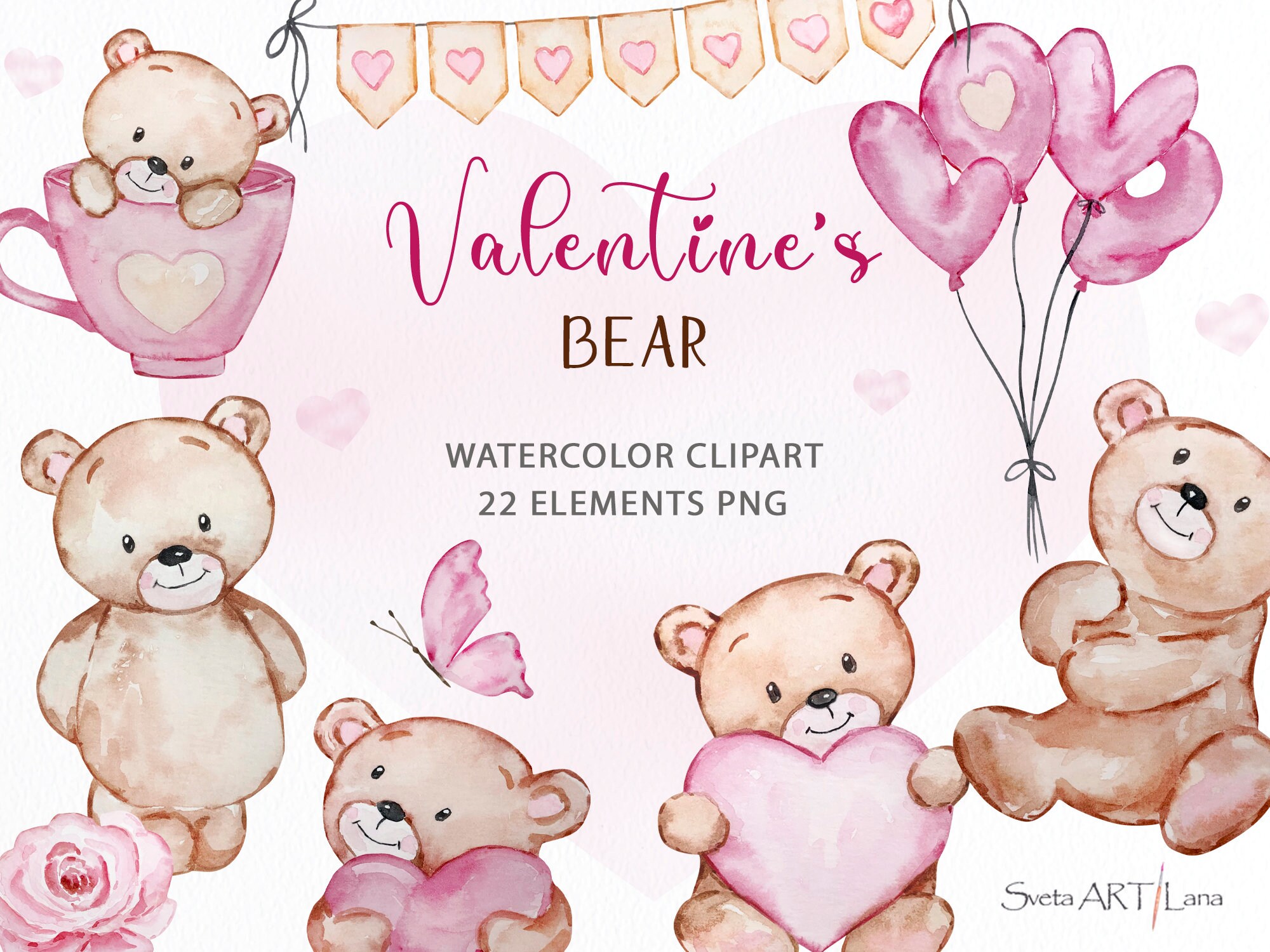 Watercolor Teddy Bear Valentines Day Clipart | Little Bears Png | Heart ...