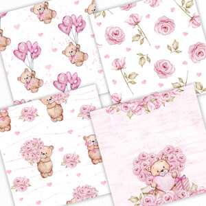 Teddy Bear Digital Papers | Watercolor Valentines Teddy Bear Seamless ...