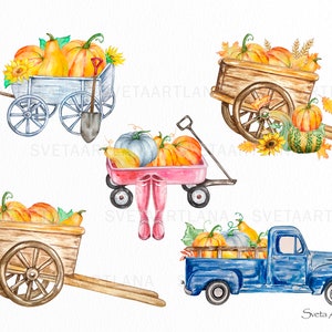 Watercolor Harvest Truck Pumpkins Clipart | Wooden Cart | Autumn ...