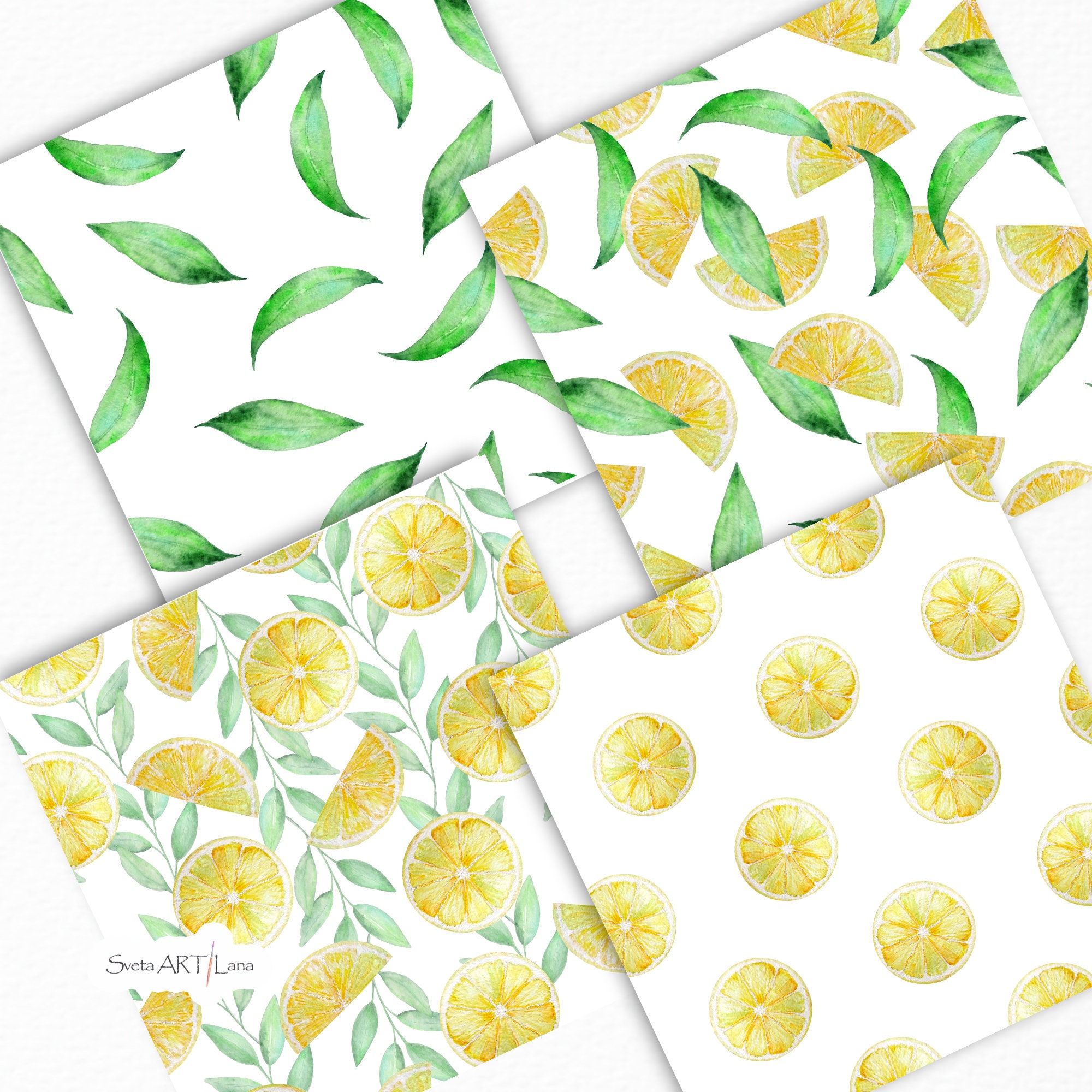 Watercolor Lemons Digital Papers | Citrus Seamless Pattern | Yellow ...