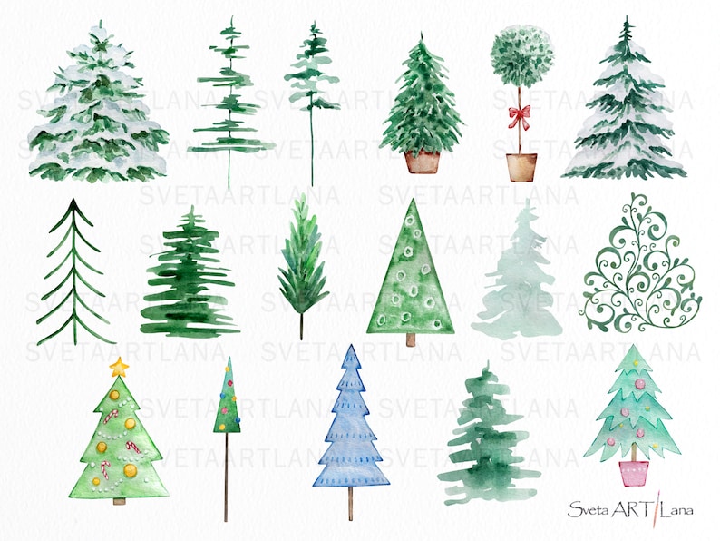 Watercolor Christmas Tree Clipart Snow Covered Trees Happy - Etsy