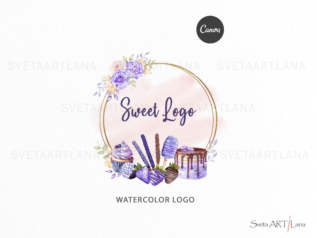Bakery Premade Logo Watercolor Baking Logo Purple Sweets Logo Deserts ...