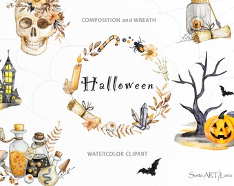 Watercolor Halloween Clipart Witch Clip Art Pumpkin Fall - Etsy