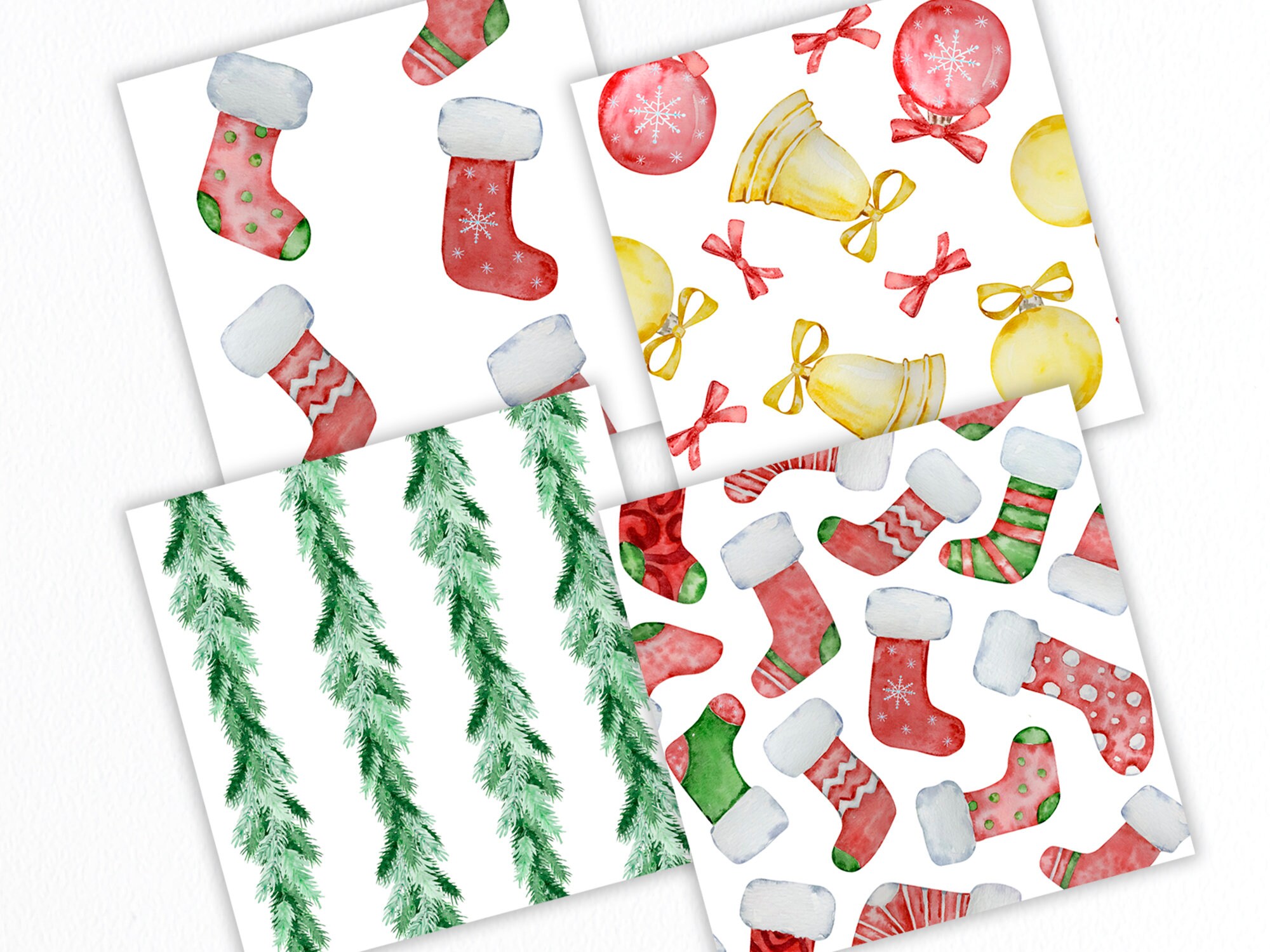 Christmas Stocking Digital Papers | Watercolor Holly Christmas | Winter ...
