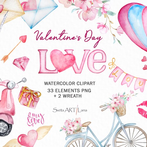 Valentine's Watercolor Clipart. Watercolor Love Clipart. - Etsy