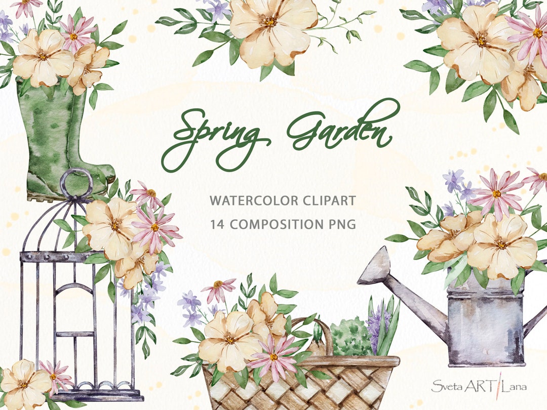 Watercolor Spring Garden Flowers Clipart, Bouquet Flowers, Watering Can ...