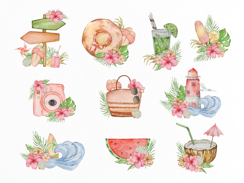 Watercolor Summer Time Clipart Tropical Flowers Bouquets - Etsy
