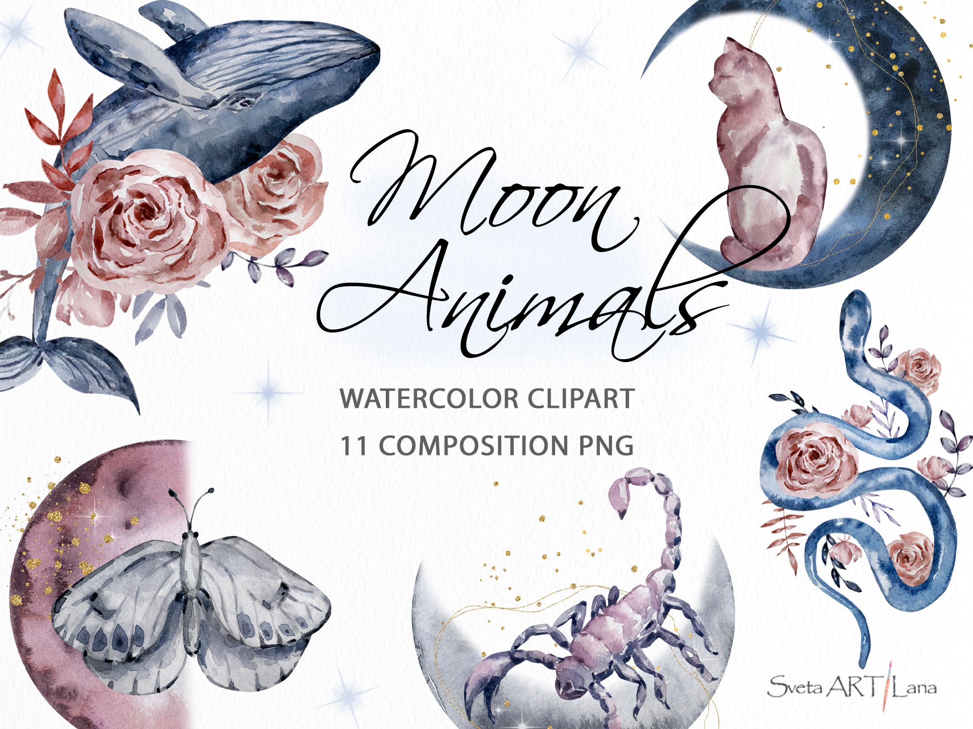 Watercolor Moon Animals Clipart. Celestial Animal Composition - Etsy