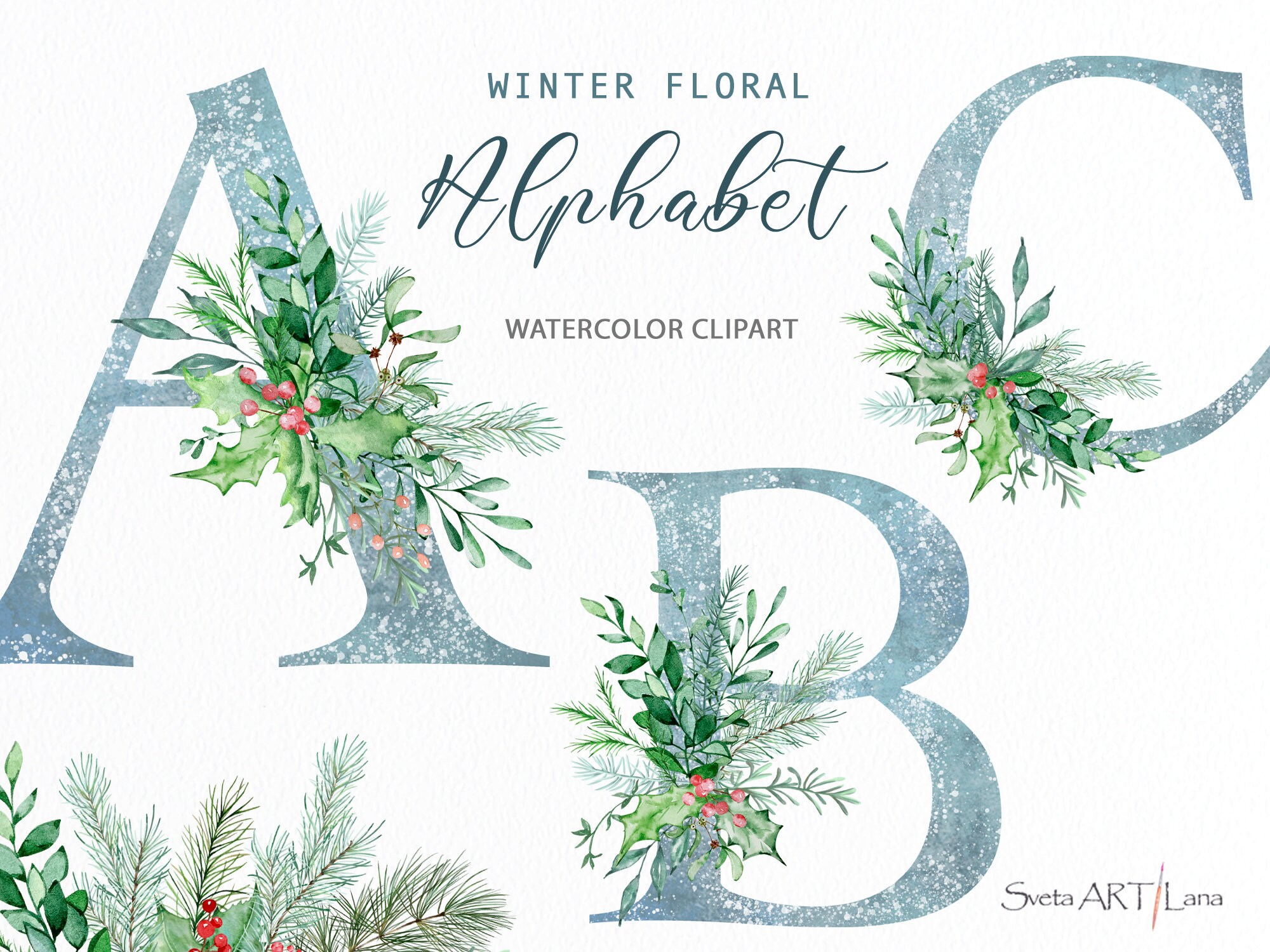 Watercolor Winter Floral Alphabet Clipart Winter Greenery - Etsy