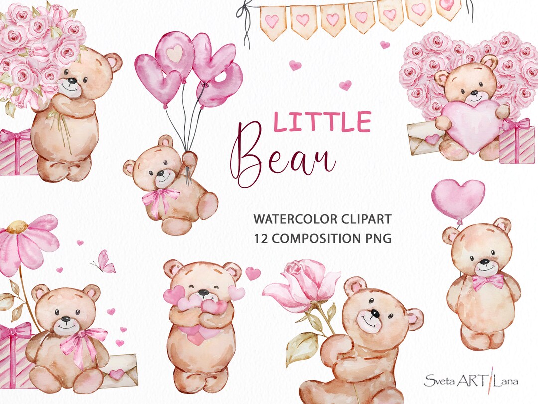 Teddy Bear Valentines Day Clipart | Watercolor Little Bear Png | My ...