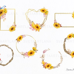 Sunflower Gold Frame Autumn Clipart Fall Pumpkin Watercolor Farmhouse ...