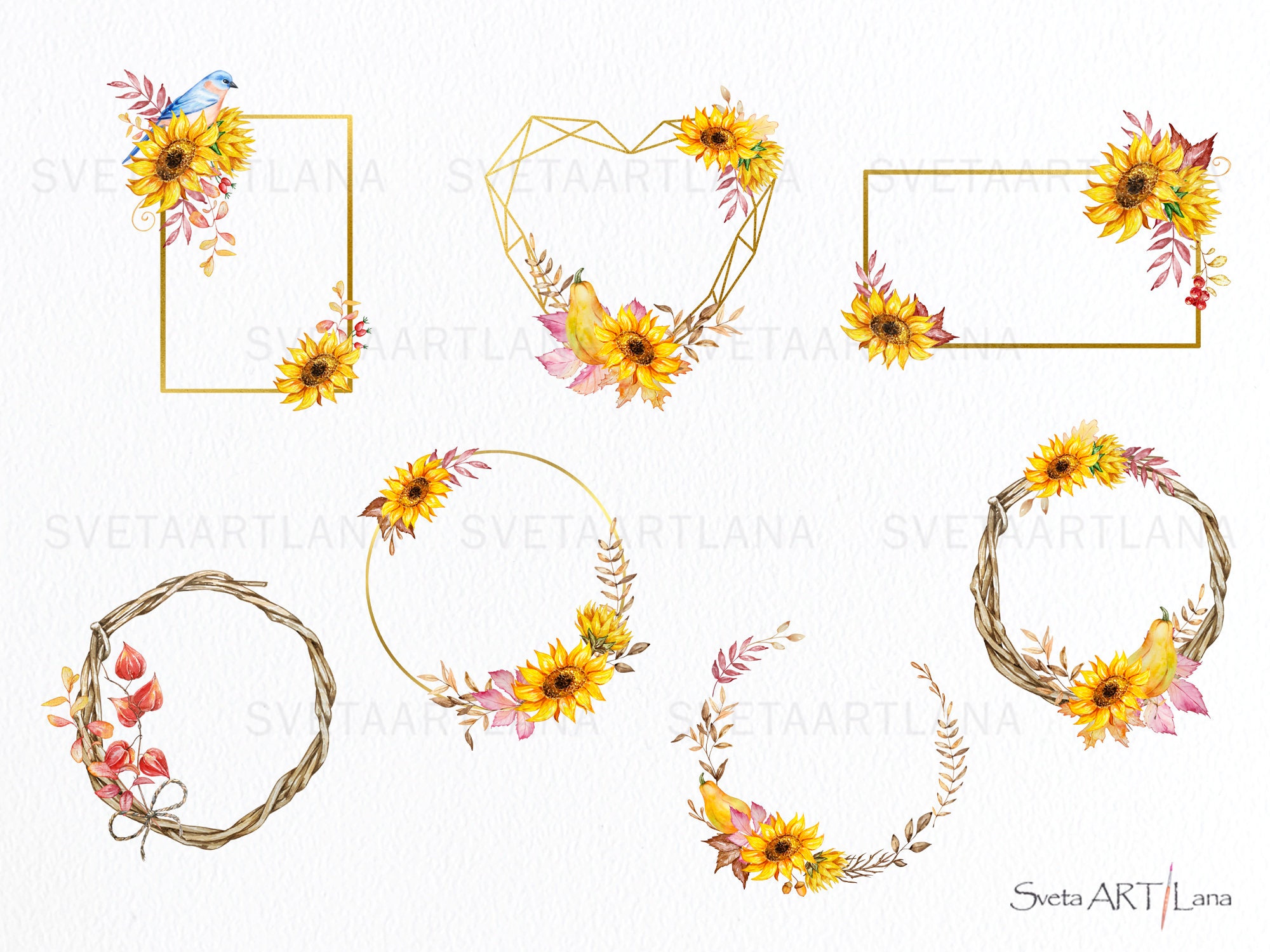 Sunflower Gold Frame Autumn Clipart Fall Pumpkin Watercolor - Etsy