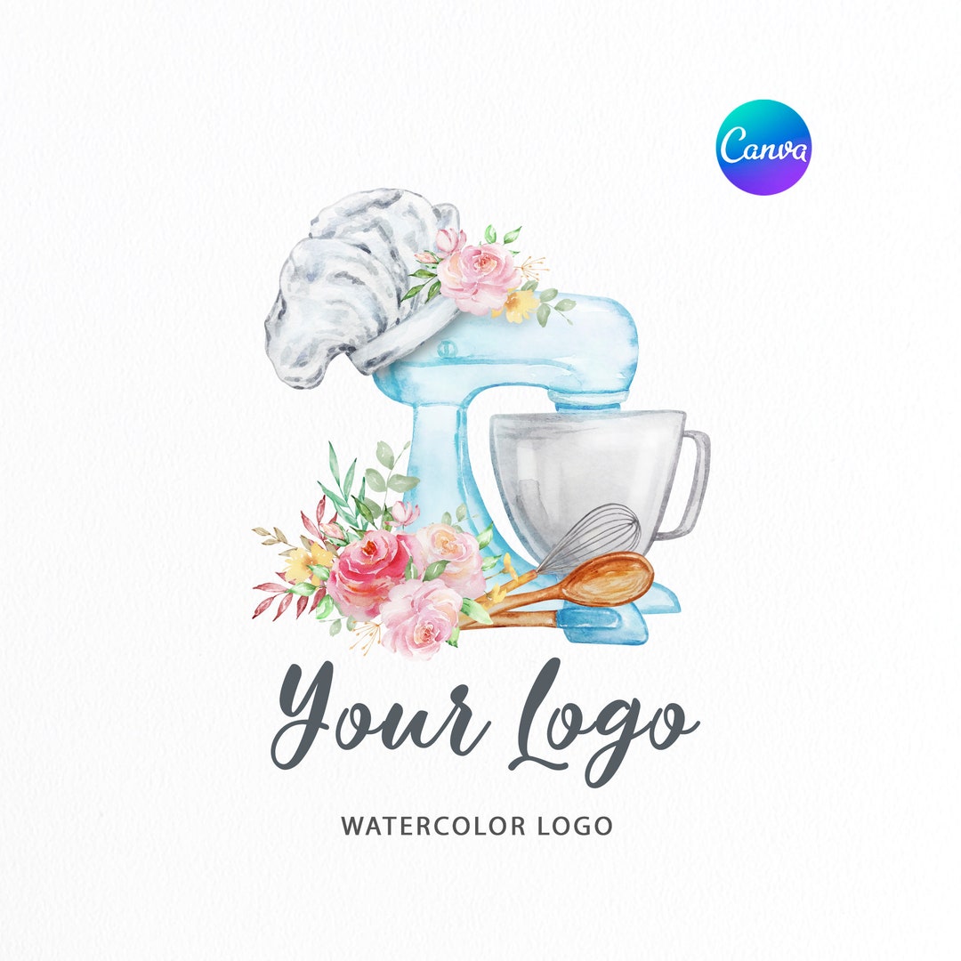 Premade Baking Logo Blue Mixer | Watercolor Bakery Logo | Dessert Sweet ...