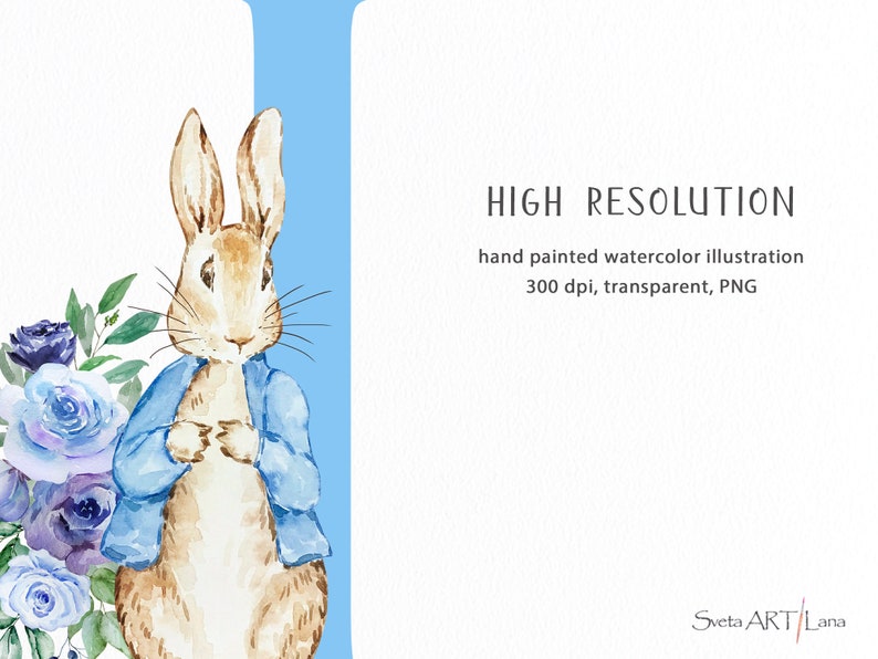 Peter Rabbit Blue Floral Alphabet Clipart | Watercolor Bunny PNG | Cute ...