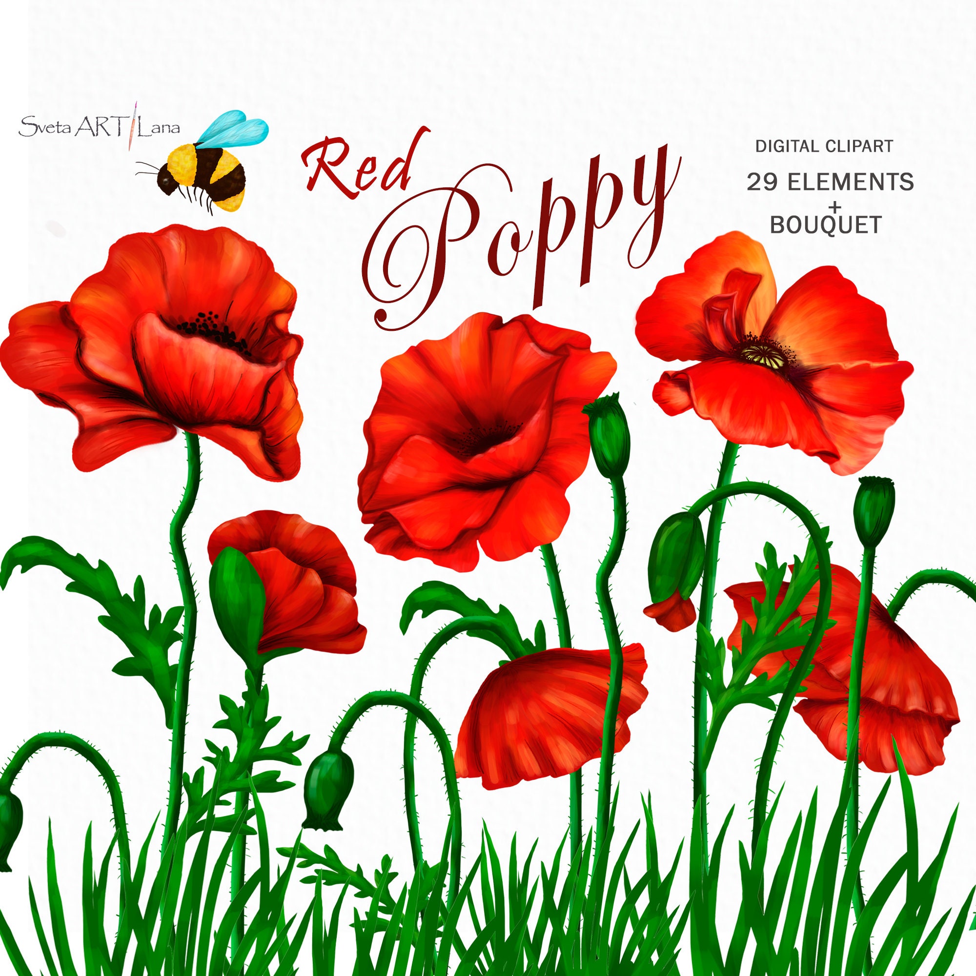 Red Poppy Flower Clipart Floral and Bee Poppy Bouquet - Etsy