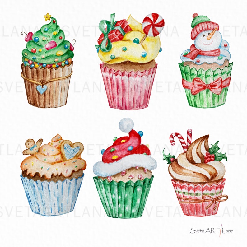 Watercolor Christmas Sweet Clipart | Christmas Dessert Cupcakes Clipart ...