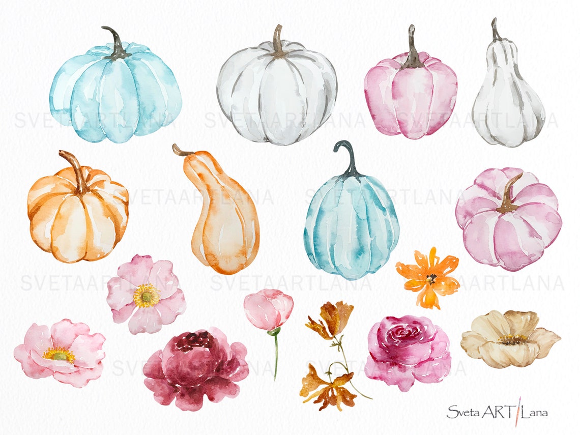 Autumn Watercolor Pastel Pumpkins Clipart Modern Pumpkins - Etsy