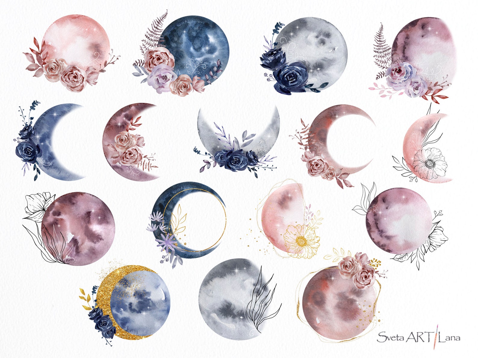 Watercolor Flower Moon Clipart Floral Full Moon Illustration - Etsy