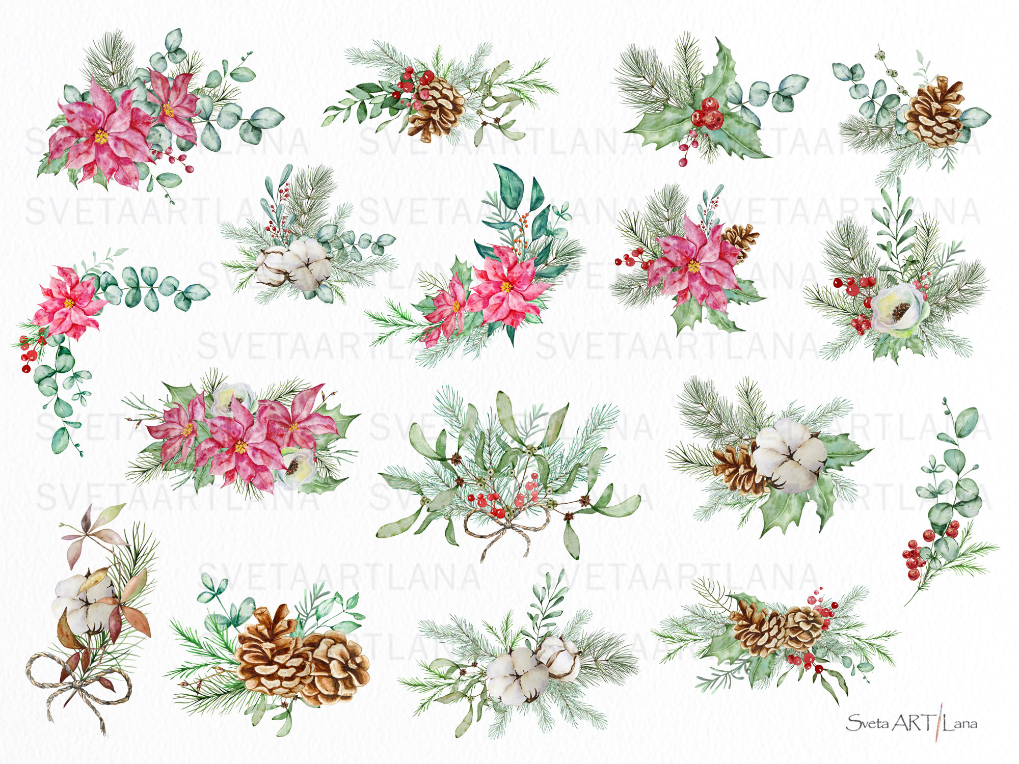 Watercolor Winter Greenery Bouquets Christmas Floral Holly - Etsy