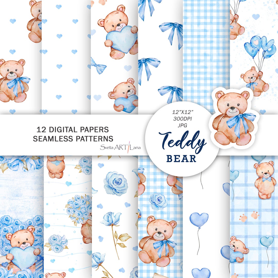 Teddy Bear Digital Papers | Watercolor Blue Teddy Bear Seamless ...