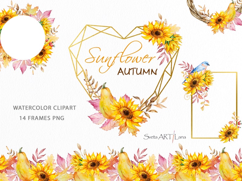 Sunflower Gold Frame Autumn Clipart Fall Pumpkin Watercolor - Etsy