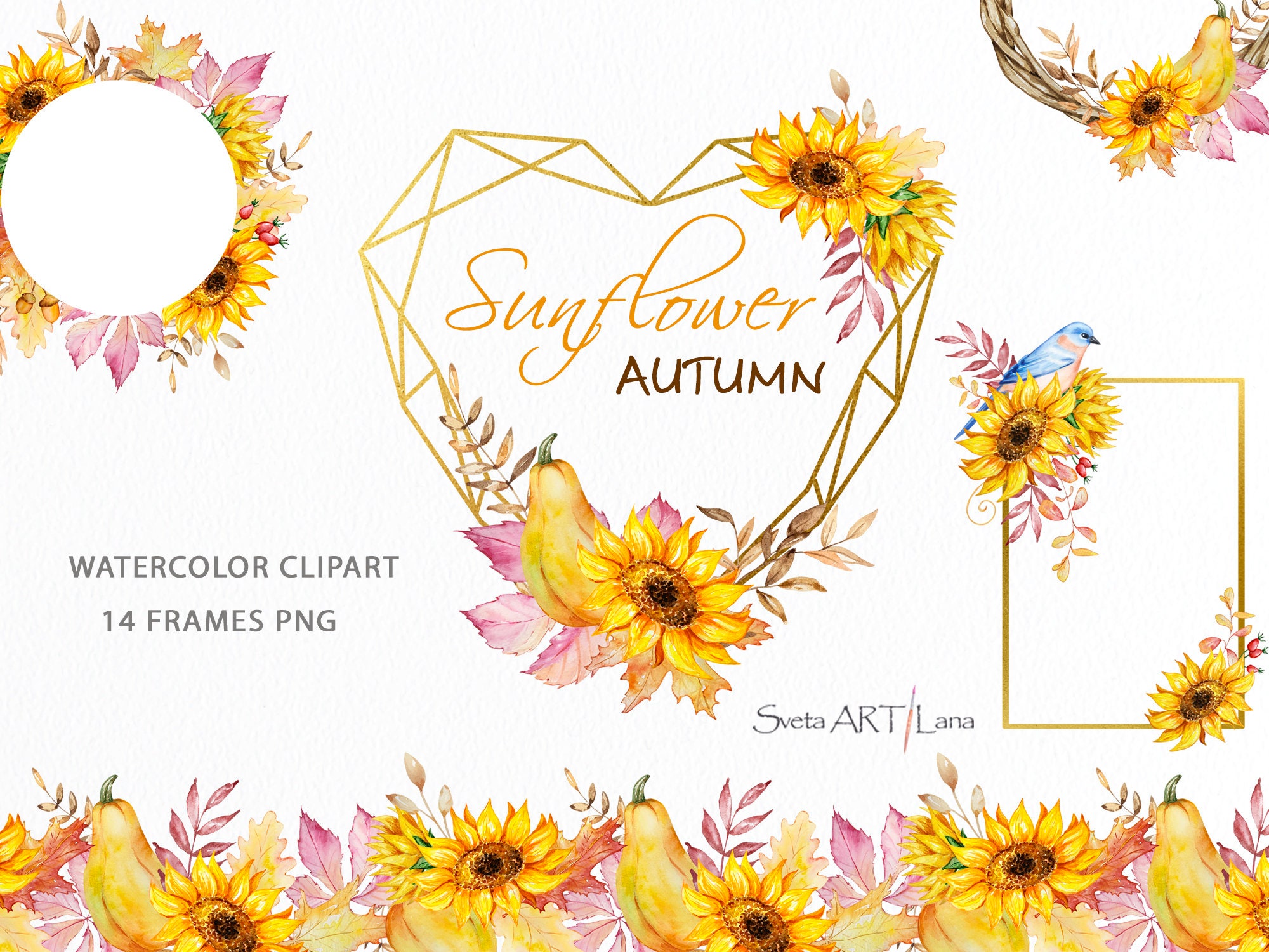 Sunflower Gold Frame Autumn Clipart Fall Pumpkin Watercolor - Etsy