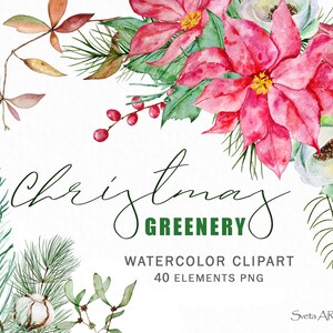 Watercolor Christmas Greenery Clipart | Winter Leaves Branch Flower ...