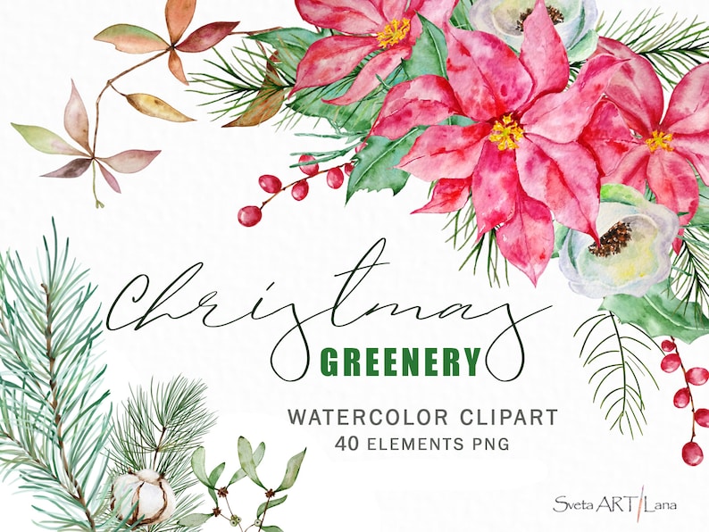 Watercolor Christmas Greenery Clipart Winter Leaves Branch - Etsy