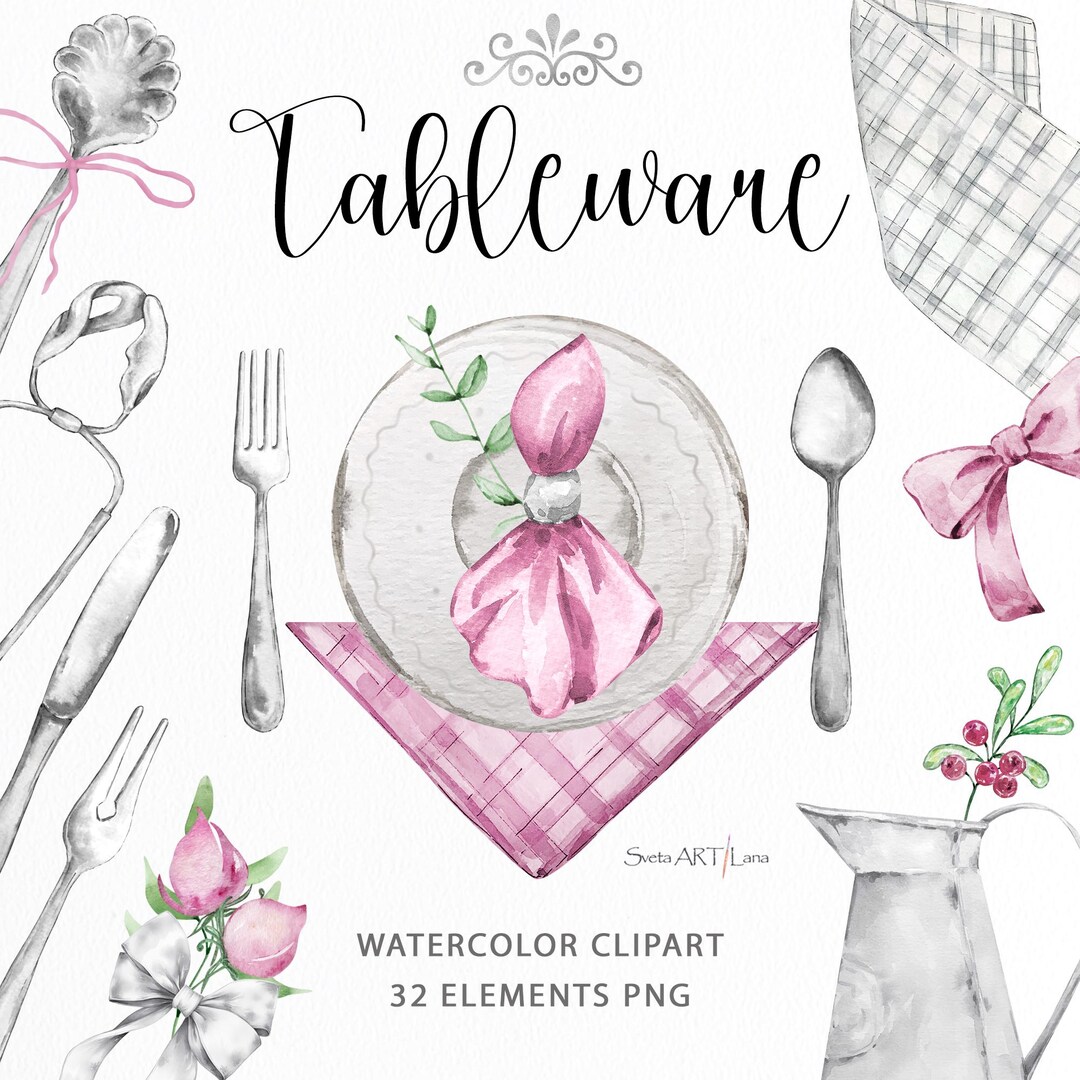 Watercolor Dinnerware and Floral Clipart | Cutlery Silverware | Knife ...