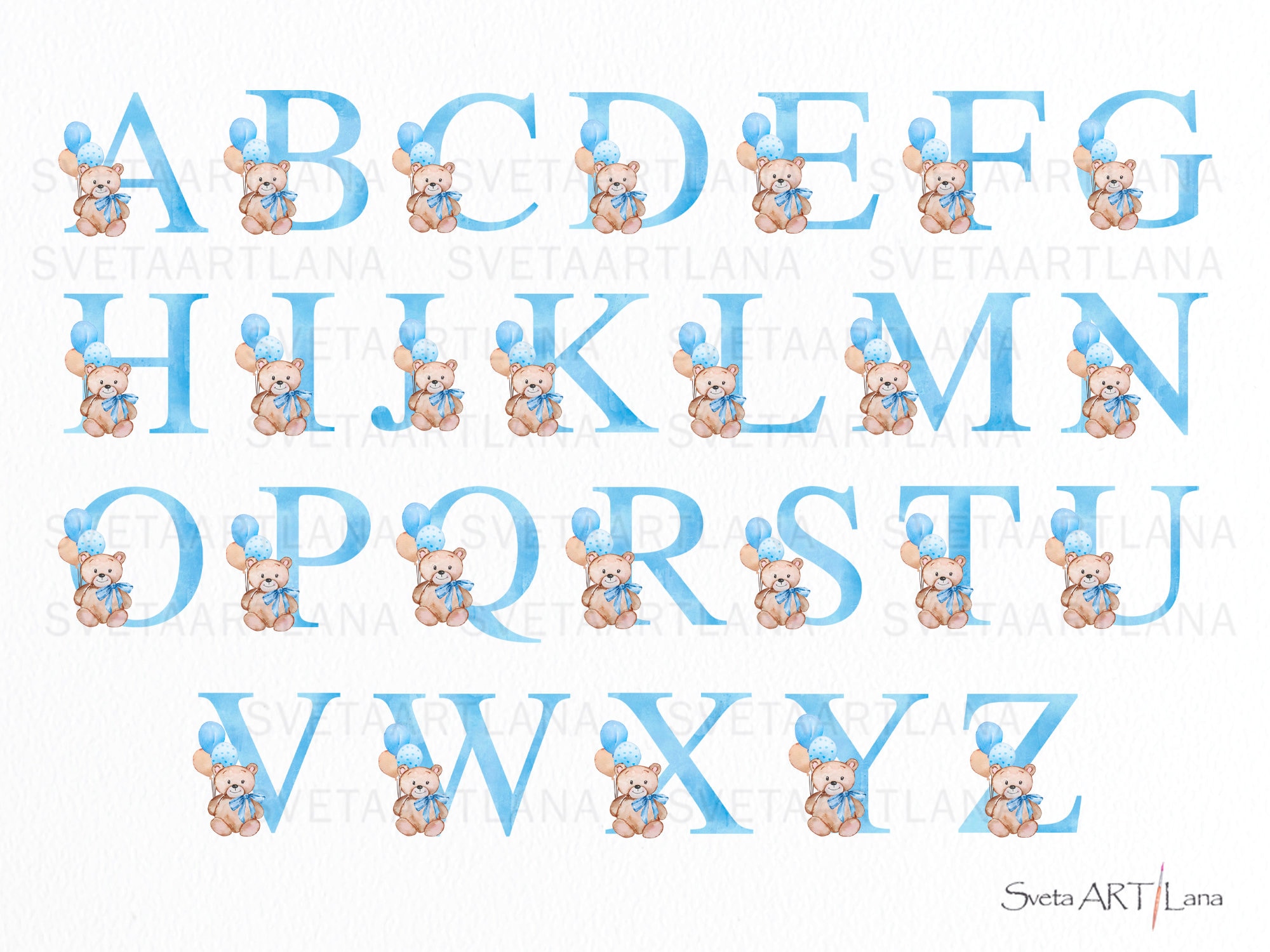 Teddy Bear Blue Alphabet Clipart | Watercolor Cute Bear Alphabet PNG ...