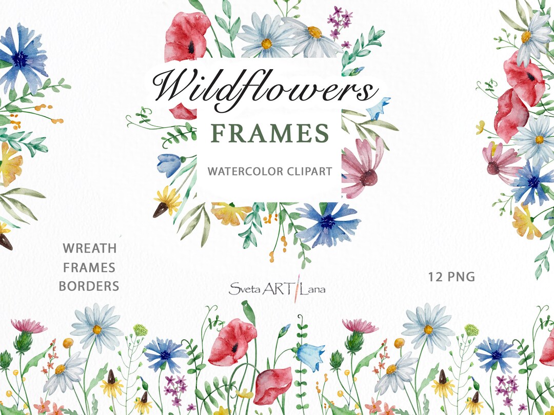Watercolor Wildflowers Frames Clipart | Meadow Wedding Clipart | Wildflowers Wreath | Floral ...