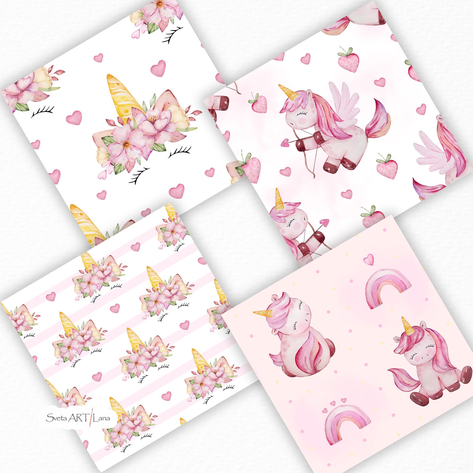 Unicorn Nursery Digital Papers | Watercolor Unicorn Seamless Patterns ...
